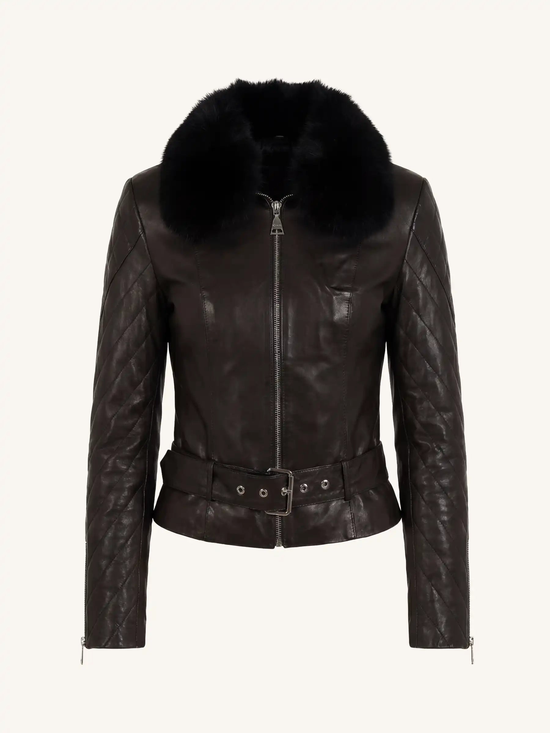 Black Leather Motorcycle Jacket with Fox Fur Collar | SILVIO LEATHER